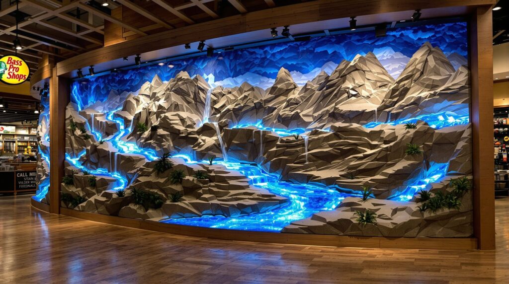 Bass Pro Shops River Topo Wall with Glowing Water Channels - WhiteClouds